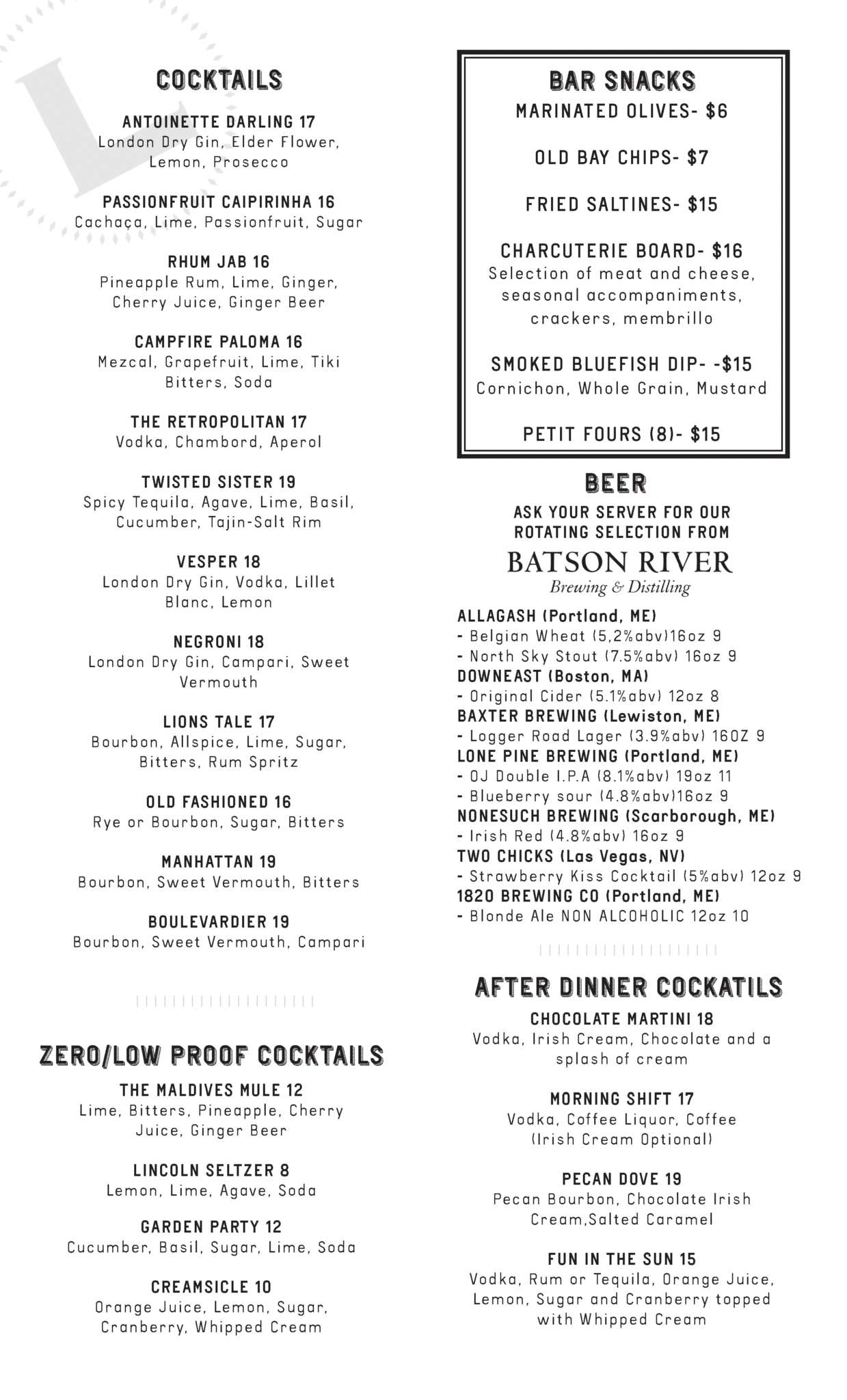 Lobby Bar Menu - Batson River Brewing & Distilling